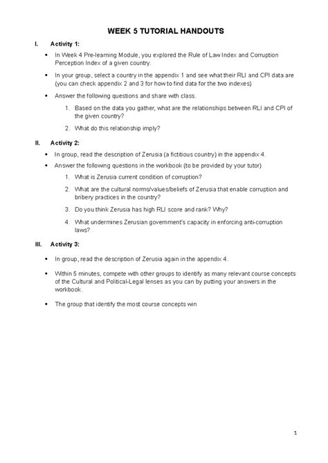 Week 4 Tutorial Handout Week 5 Tutorial Handouts I Activity 1 In