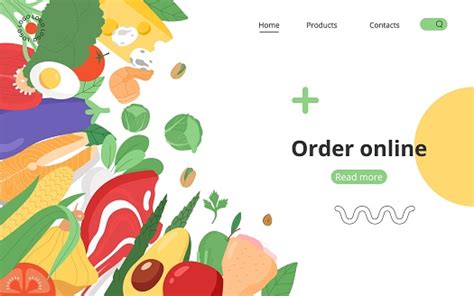 음식 온라인 템플릿을 주문하십시오 식이 요법 또는 유기농 제품 또는 균형 잡힌 영양을 가진 평면 벡터 일러스트레이션 건강한 생활방식에 대한 스톡 벡터 아트 및 기타 이미지