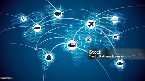 글로벌 배송 및 공급망 벡터 일러스트레이션 세계지도 배경과 국제 수입 및 수출 유통 및 운송과 관련된 연결된 아이콘과 추상적 인 개념 0명에 대한 스톡 벡터 아트 및 기타