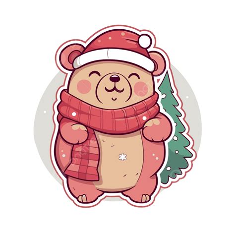 스카프와 크리스마스 트리 클립 아트와 만화 곰 벡터 만화 귀여운 크리스마스 곰 절연 스티커 디자인 상표 Png 일러스트 및
