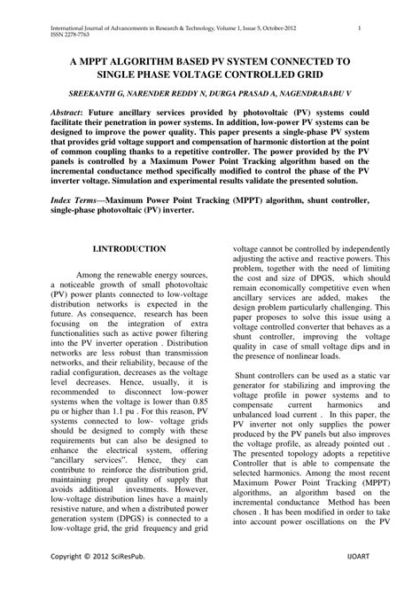 Pdf A Mppt Algorithm Based Pv System Connected To Single Phase Voltage Controlled Grid