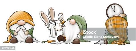 모자에 귀여운 놈들 토끼 의상과 함께 스파클링 와인 두 잔을 가진 그놈은 자정까지 분을 세고 있습니다 크리스마스와 새해 만화 스타일의 배너 및 디자인을위한 컬러 일러스트