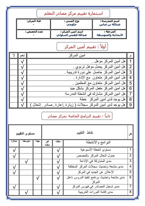 استمارة تقييم مركز مصادر التعلم بمرسة عبدالله بن عباس