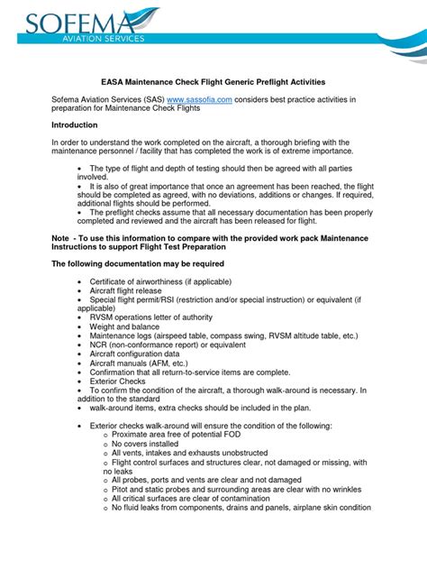 Easa Maintenance Check Flight Generic Preflight Activities Pdf Flight Test Aviation