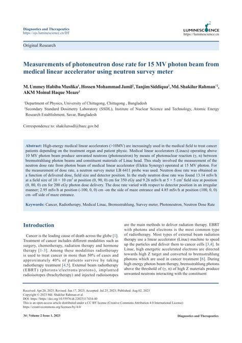 Pdf Measurements Of Photoneutron Dose Rate For 15 Mv Photon Beam From Medical Linear