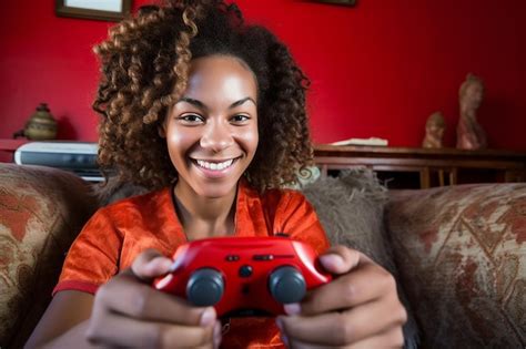 Premium Ai Image A Young African Girl On A Red Sofa With A Joystick