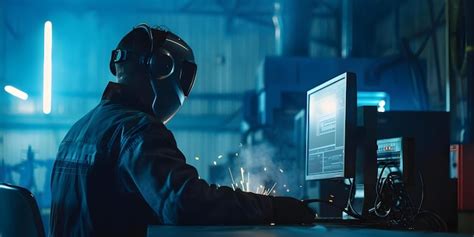 Premium Photo Engineer Monitors Welding Robotics In A Smart Factory Using Digital