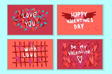 발렌타인 데이에 4 장의 카드로 설정합니다 축하 텍스트와 손으로 그린 그림 다른 디자인의 세트 엽서 인쇄를 위한 벡터 디자인 개념에 대한 스톡 벡터 아트 및 기타 이미지