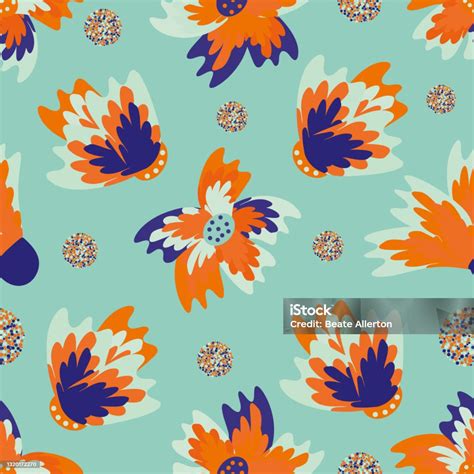 야생 초원 꽃 원활한 Vecor 패턴 배경 블루와 네온 오렌지 인디고 화가 꽃과 시안 배경에 원손 그린 꽃잎 현대 식물 디자인