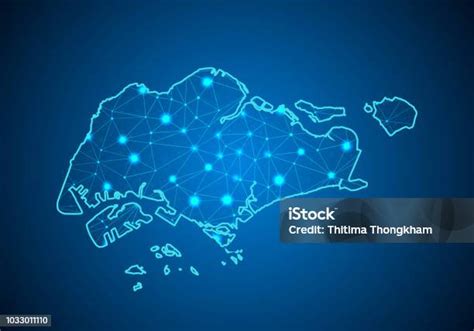 추상 매 시 라인과 포인트 가늠 자 싱가포르의 지도와 어두운 배경에 와이어 프레임 3d 메쉬 다각형 네트워크 라인 디자인 영역 점 및 구조 싱가포르의 통신 지도입니다