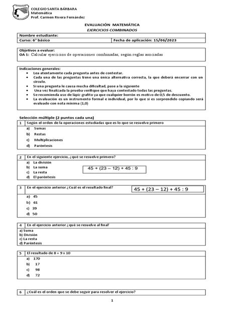 Evaluación De Ejercicios Combinados Pdf