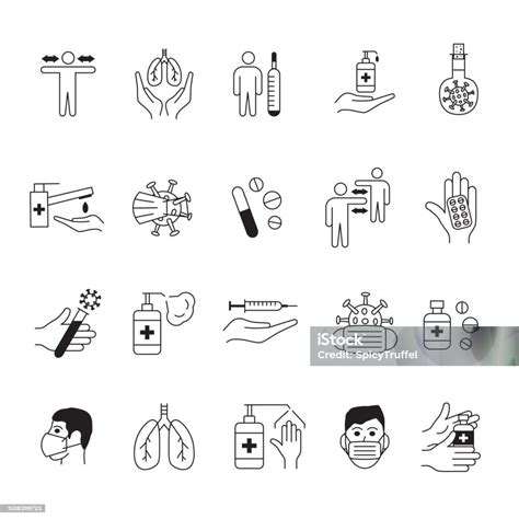 코로나 바이러스 의학 및 건강 관리 아이콘입니다 안면 마스크 소독제로 손을 씻으십시오 코로나 바이러스의 의학적 증상 온도와 기침