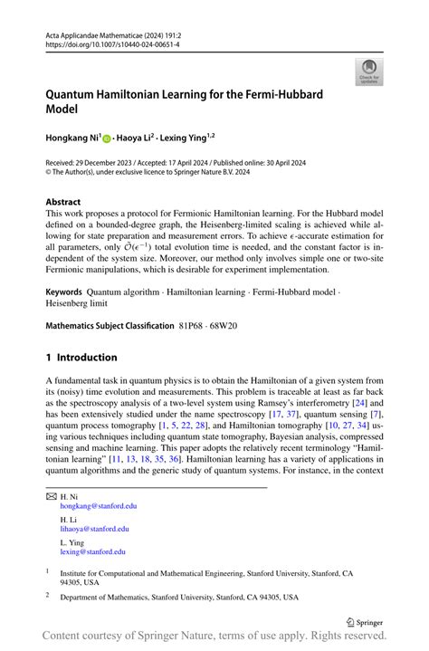 Quantum Hamiltonian Learning For The Fermi Hubbard Model Request Pdf