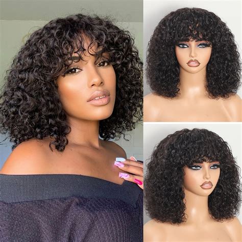 Besteffie Short Curly Wigs With Bangs Water Wave Wig Human