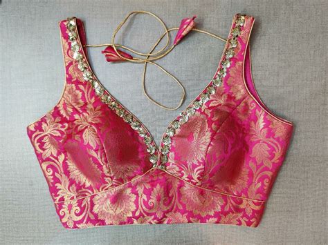 50x608 Ro Pink Embroidered Banarasi Sleeveless Sari Blouse In 2025