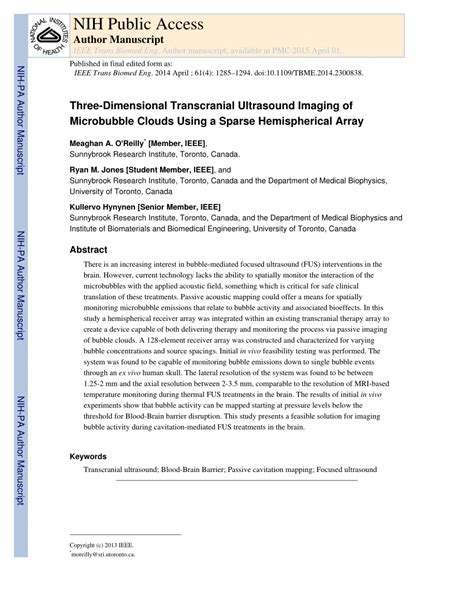 Pdf Three Dimensional Transcranial Ultrasound Imaging Of Microbubble Clouds Using A Sparse