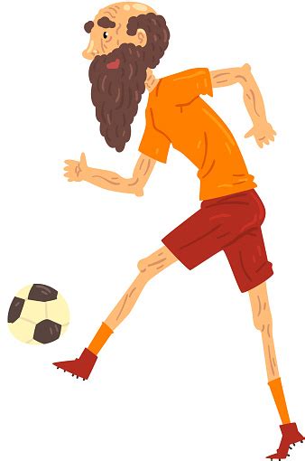 시 니 어 남자 축구 재미 노인 남자 만화 캐릭터는 활동적인 라이프 스타일 흰색 배경에 사회 개념 벡터 일러스트 레이 션을 선도 하는 데 할아버지 개념에 대한 스톡 벡터