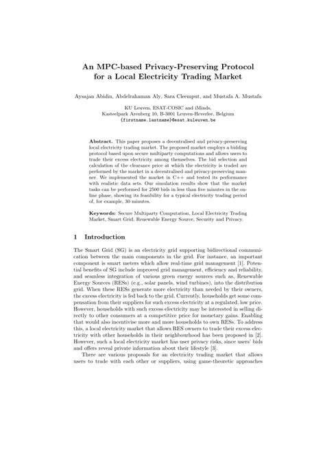 Pdf An Mpc Based Privacy Preserving Protocol For A Local Electricity Trading Market