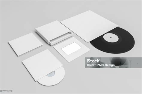 음악 앨범 모형 세트입니다 세트 박스 내용물 소책자 Cd Cd 커버 회색 배경에 흰색 모형 세트입니다 음악 카드 3d 렌더 음악 앨범 세트 레코드 아날로그 오디오에 대한