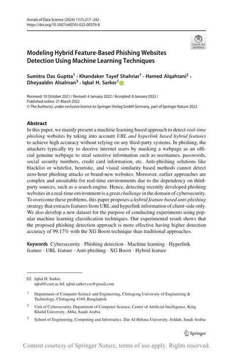 Modeling Hybrid Feature Based Phishing Websites Detection Using Machine Learning Techniques