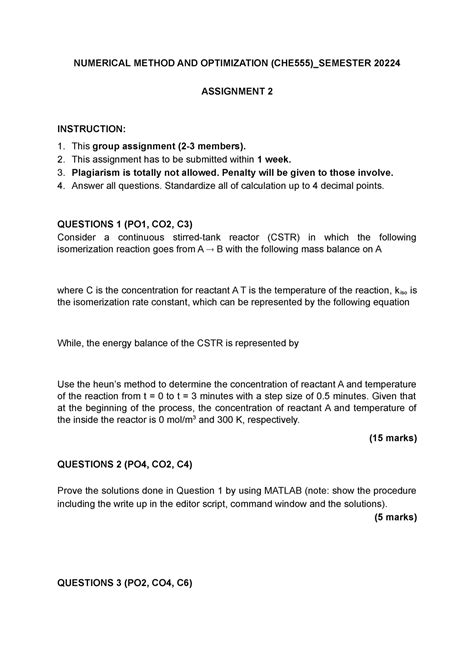 Assignment 2 Che555 20224 Numerical Method And Optimization Che555