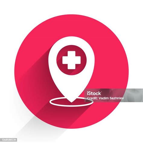 긴 그림자로 격리 된 교차 병원 아이콘흰색 의료지도 포인터 빨간색 원 버튼입니다 벡터 지도 핀 아이콘에 대한 스톡 벡터 아트 및 기타 이미지 지도 핀 아이콘 긴급 표시