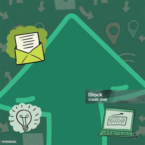 화살표 시스템은 승진 및 사업 아이디어를 달성하는 성공적인 프로젝트 완료를 상징하는 위쪽을 가리 킵니다 노트북 전구 봉투와 금융 Plackard 0명에 대한 스톡 벡터 아트