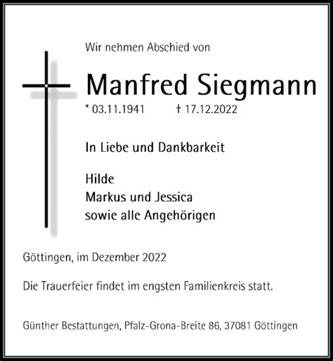 Traueranzeigen Von Manfred Siegmann Trauer Anzeigende