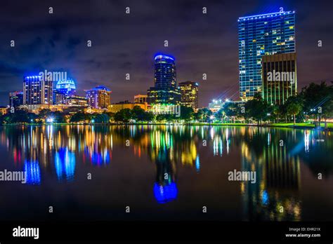 The Skyline Reflecting In Lake Eola At Night Orlando Florida Stock