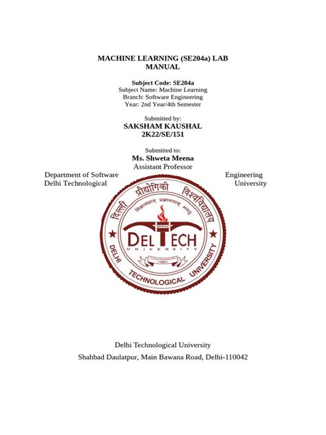 Machine Learning Se204a Lab Manual Pdf Mean Squared Error