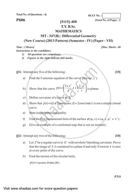 Differential Geometry 2016 2017 B Sc Mathematics Semester 6 Tybsc 2013 Pattern Question Paper