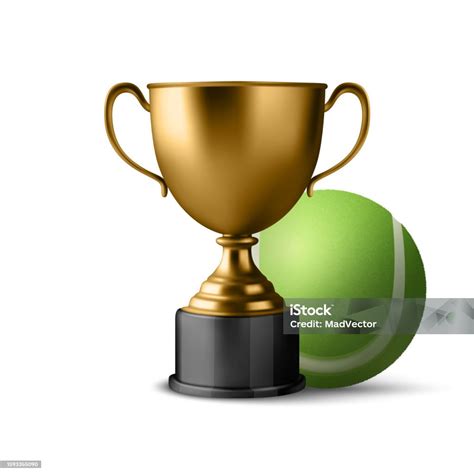 벡터 3d 현실적인 빈 골든 챔피언 컵 아이콘은 녹색 배경에 테니스 공을 닫습니다 챔피언십 트로피의 디자인 템플릿입니다 스포츠 토너먼트 상 골드 위너 컵 및 승리 개념 1