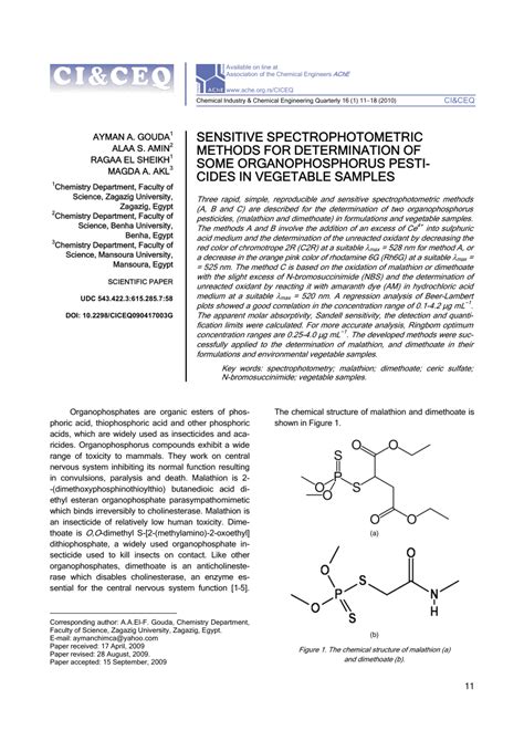 Pdf Sensitive Spectrophotometric Methods For Determination Of Some Organophosphorus Pesticides