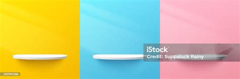 조명이 있는 옐로우 블루 핑크 파스텔 컬러 벽 장면의 추상3d 흰색 세미 서클 선반 또는 받침대 연단 세트 제품 디스플레이 프레젠테이션을 위한 벡터 렌더링 기하학적