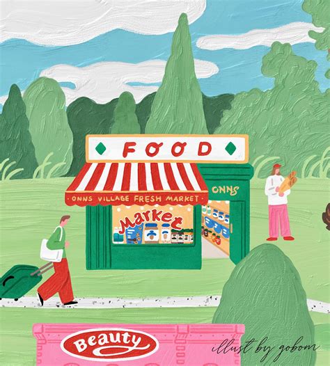 일러스트 작가 고봄 일러스트 제작·외주·협업 온스 빌리지와 협업한 일러스트에요🏠🏃‍♀️🏃🏃‍♂️🌳 온누리 스토어 리브랜딩을 위한 일러스트레이션 작업으로 다양한