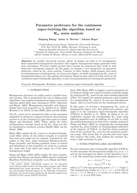pdf parameter preference for the continuous super twisting like algorithm based on h infinity