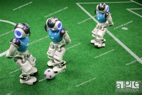28 june 2023 saxony leipzig three nao robots play soccer during a