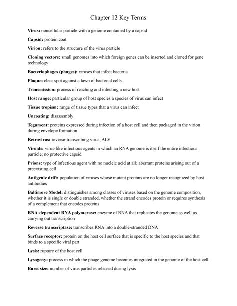 Chapter 12 Key Terms Chapter 12 Key Terms Virus Noncellular Particle With A Genome Contained