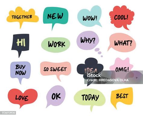 손으로 쓴 비문이 있는 말풍선 세트를 손으로 그렸습니다 귀여운 낙서 벡터 말풍선 다채로운 세트 Brand Name Online Messaging Platform에 대한 스톡