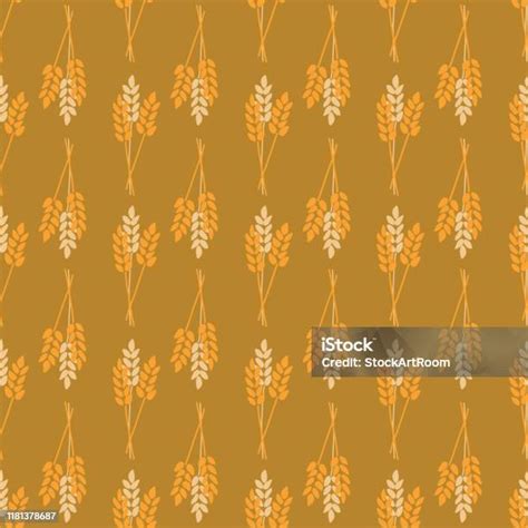 작물 귀리 밀 보리 호밀 식물 원활한 벡터 배경입니다 양식에 일치시키는 가을 자연 그림입니다 오렌지 옐로우 골드 추상 가을 무늬 플랫 만화 스타일 직물 장식 포장 추수