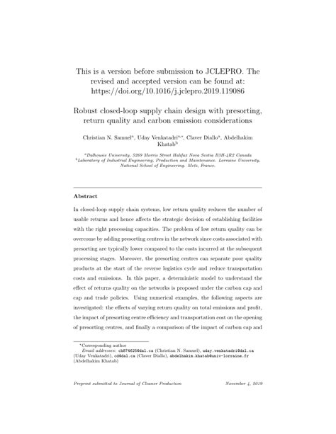 Pdf Robust Closed Loop Supply Chain Design With Presorting Return