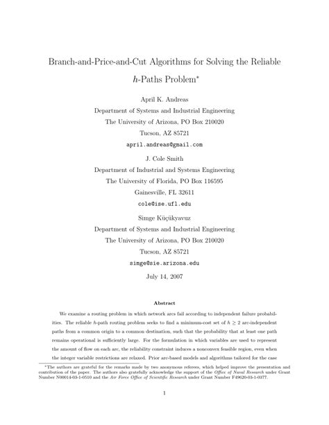 Pdf Branch And Price And Cut Algorithms For Solving The Reliable H Paths Problem