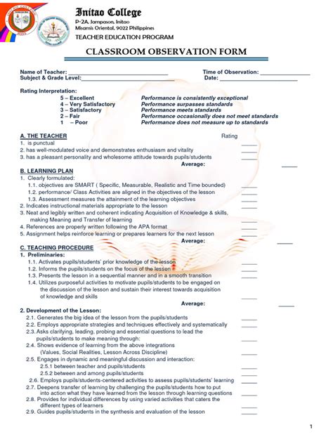 Classroom Evaluation Form Pdf Learning Teachers