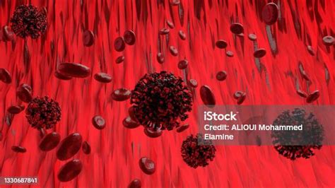 코로나바이러스 2019ncov 참코나 바이러스 인체에 코로나 바이러스 또는 혈관 내부 수영 다른 위험한 세포 마이크로 바이러스의 3d 렌더링 3차원 형태에 대한 스톡 사진