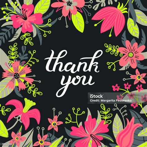 감사 합니다 필기 비문입니다 손으로 그려 글자 서 예를 감사합니다 감사 카드입니다 검은 배경에 꽃 프레임 벡터 일러스트 레이 션 감사합니다에 대한 스톡 벡터 아트 및 기타
