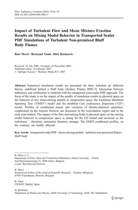Pdf Impact Of Turbulent Flow And Mean Mixture Fraction Results On