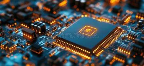 Close Up Of Modern Microprocessor On Circuit Board With Glowing