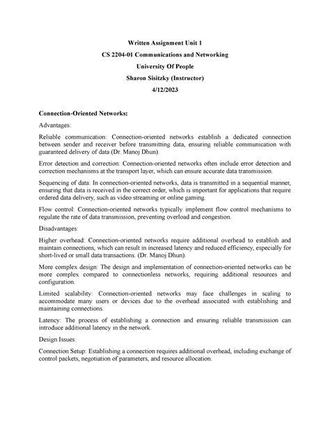 Written Assignment Unit 1 Manoj Dhun Error Detection And Correction Connection Oriented