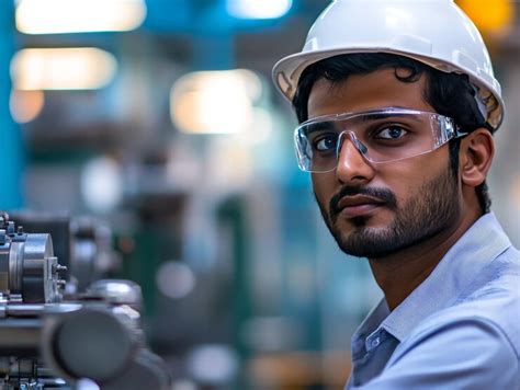 Indian Male Factory Worker Operating Industrial Machine In Safety Glasses And Hard Hat Premium