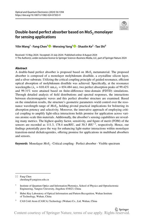 Double Band Perfect Absorber Based On Mos2 Monolayer For Sensing
